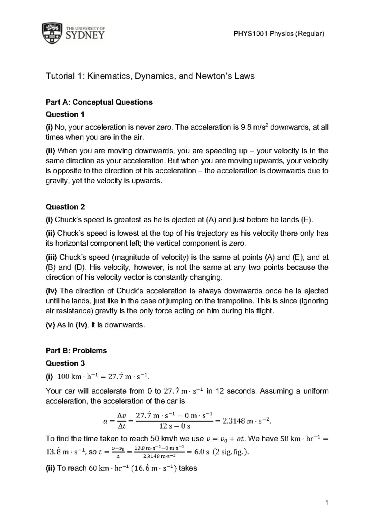 Phys1001 tutorial 1 solution - 1 PHYS1001 Physics (Regular) Tutorial 1 ...