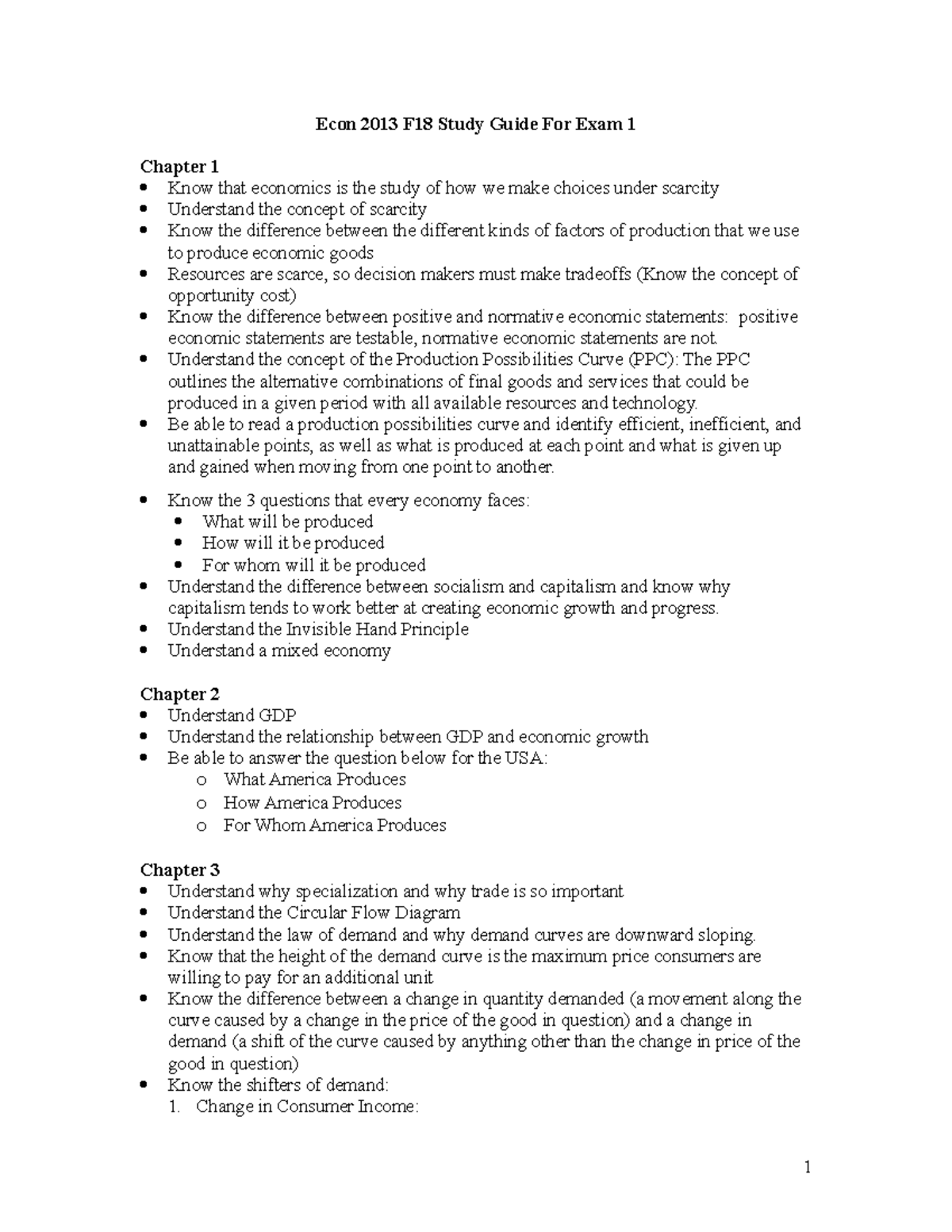 Study Guide for Exam 1 ECon - Econ 2013 F18 Study Guide For Exam 1 ...