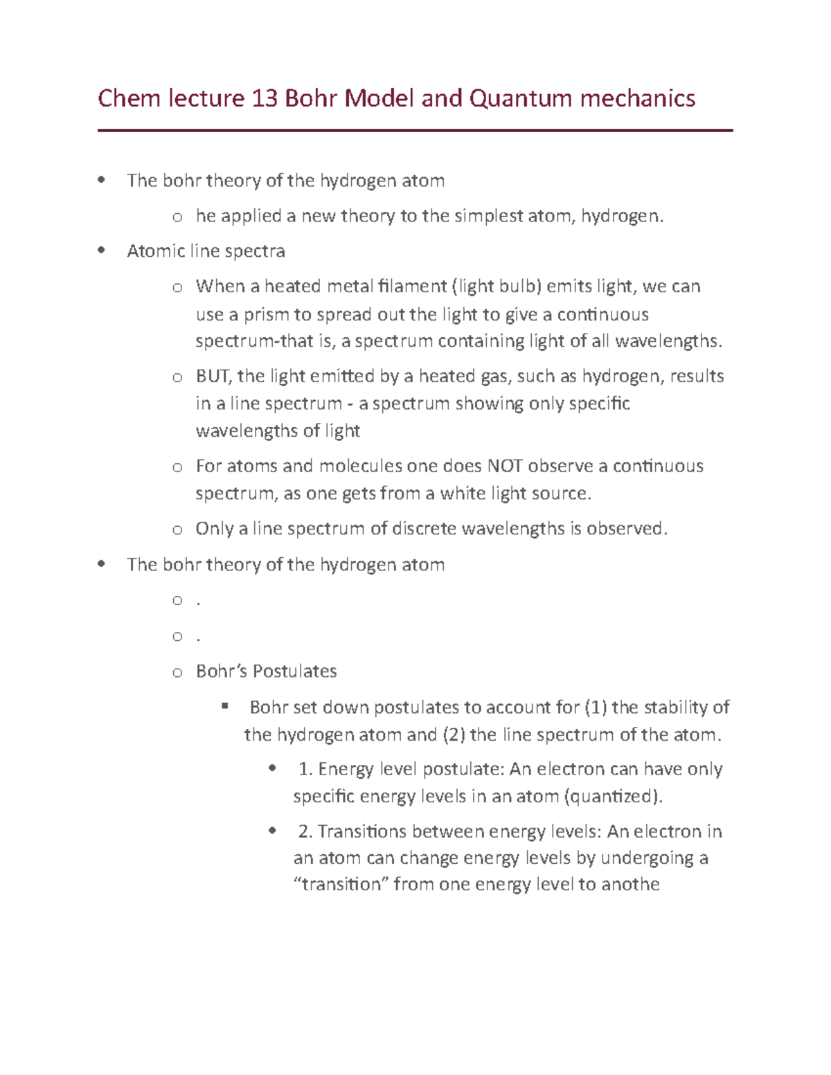 Chem lecture 13 notes quantum mechanics - Chem lecture 13 Bohr Model ...