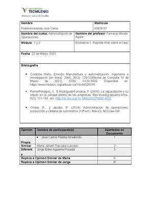 Actividad 2-Administracion de operaciones - Nombre: Matrícula: Nombre del curso: Administración ...