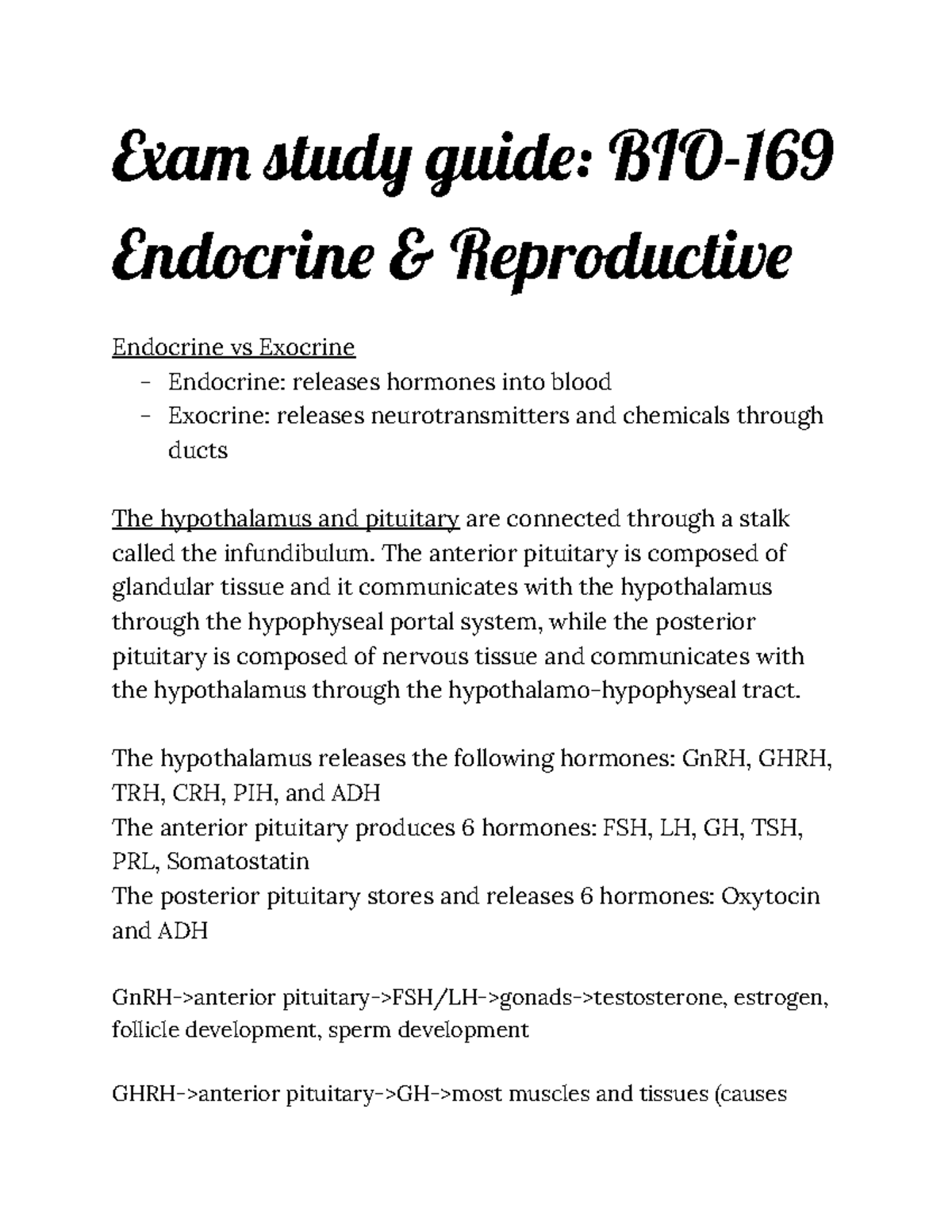 Endocrine and Reproductive full study guide - Exam study guide: BIO ...