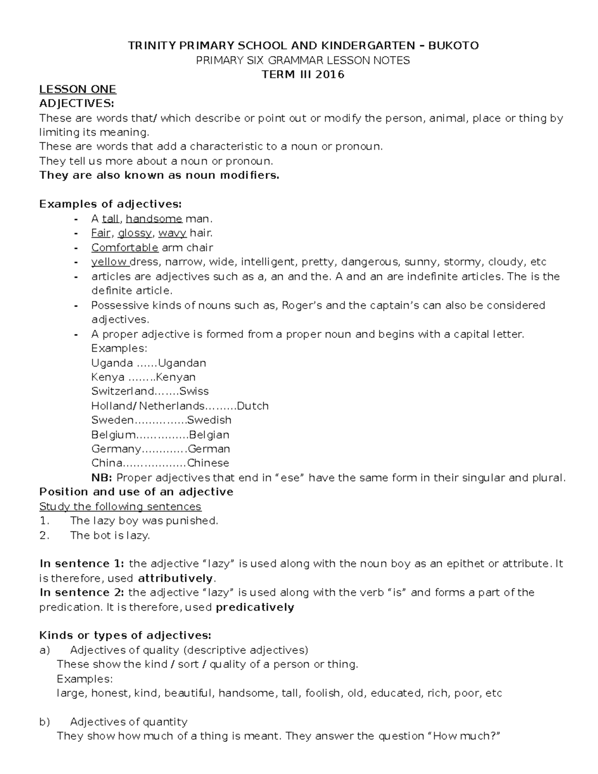 Grammar Lesson Notes TERM Three - TRINITY PRIMARY SCHOOL AND ...