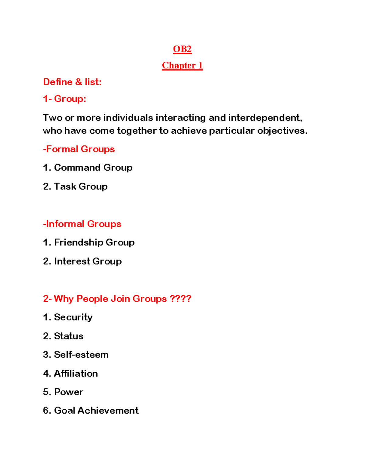 Revision OB2 - OB Chapter 1 Define & list: 1- Group: Two or more ...