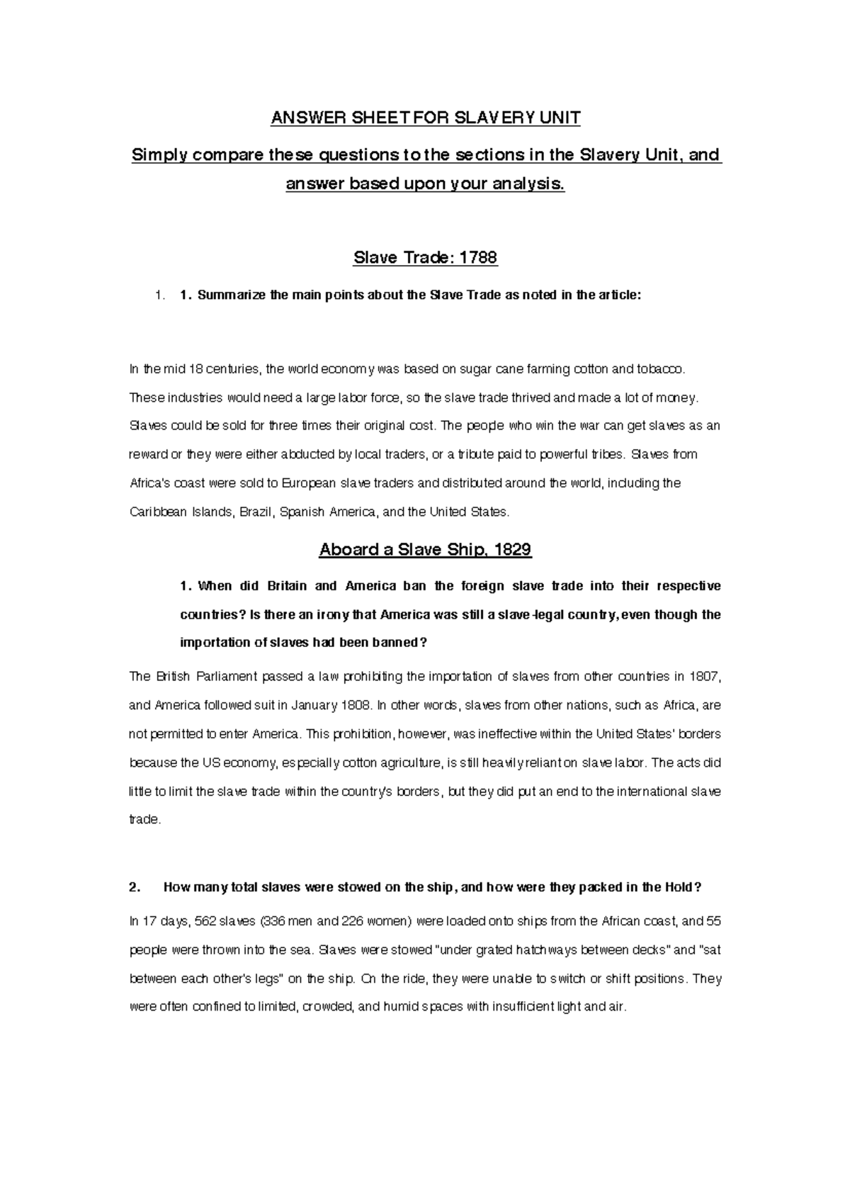 Answer Sheet FOR Slavery UNIT - ANSWER SHEET FOR SLAVERY UNIT Simply ...