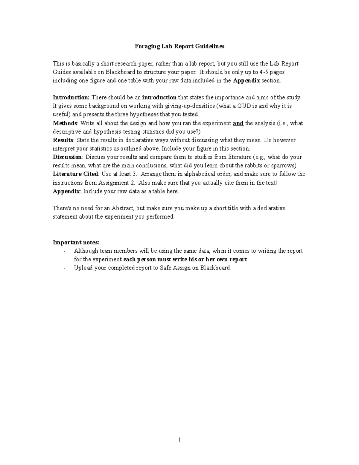 Foraging Lab Report Guidelines - It should be only up to 4-5 pages ...