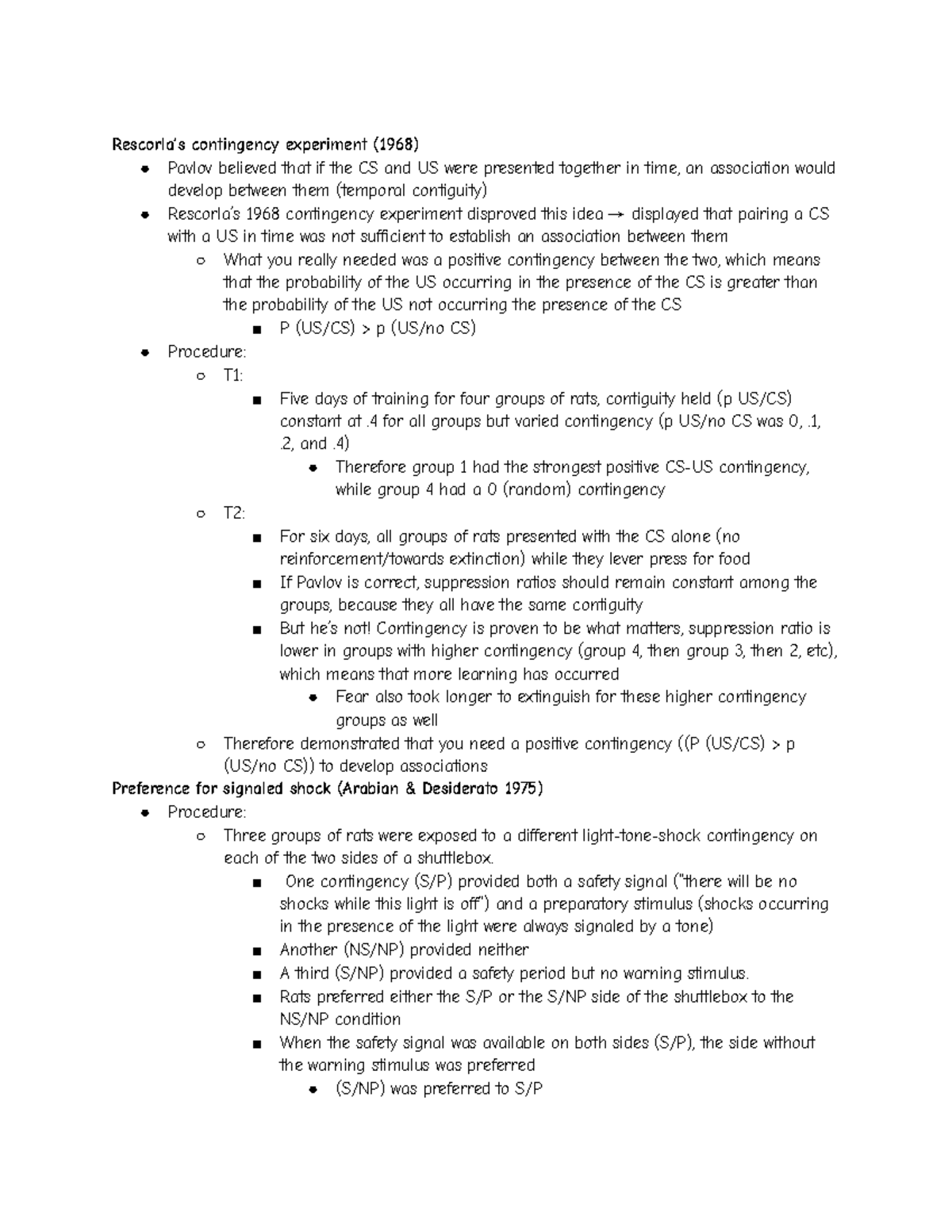 Exam 1 study guide - Rescorla’s contingency experiment (1968) Pavlov ...