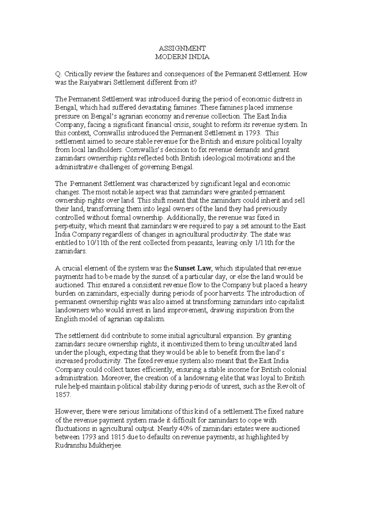 Permanent settlement - ASSIGNMENT MODERN INDIA Q. Critically review the ...