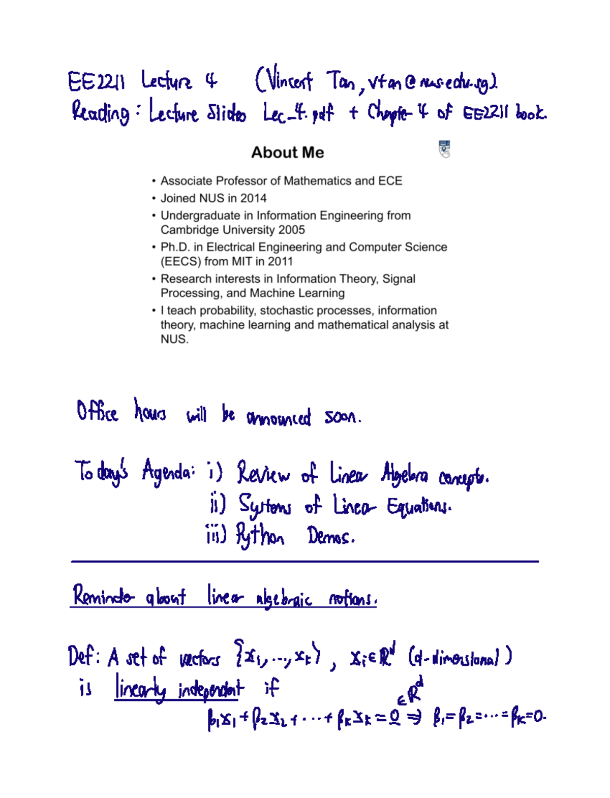 EE2211 Lecture 4 (Handwritten) - EE2211 - Studocu