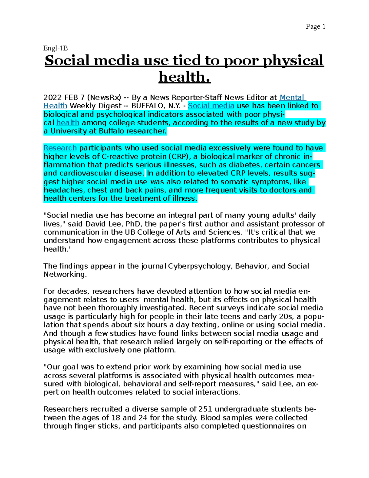 Social media use tied to poor physical health - Page 1 Engl-1B Social ...