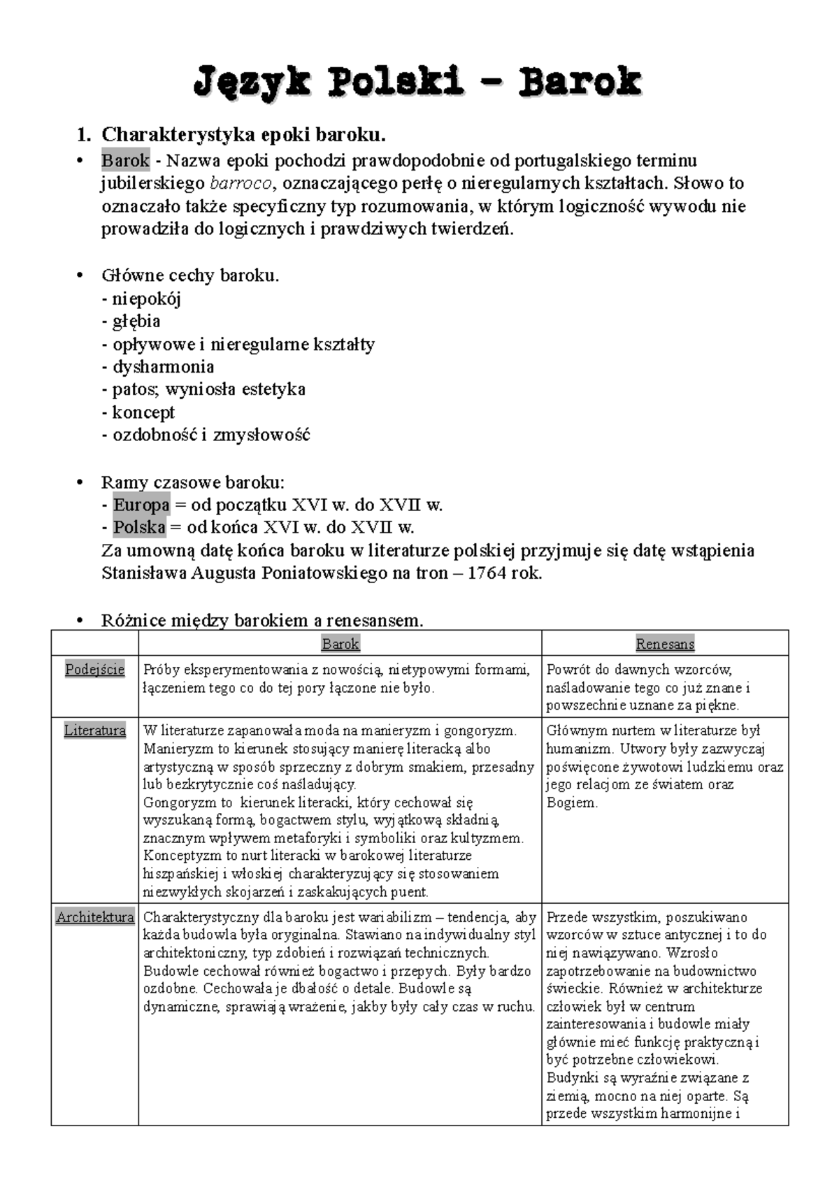 Polski - Barok - Charakterystyka epoki baroku. • BarokBarok - Nazwa ...