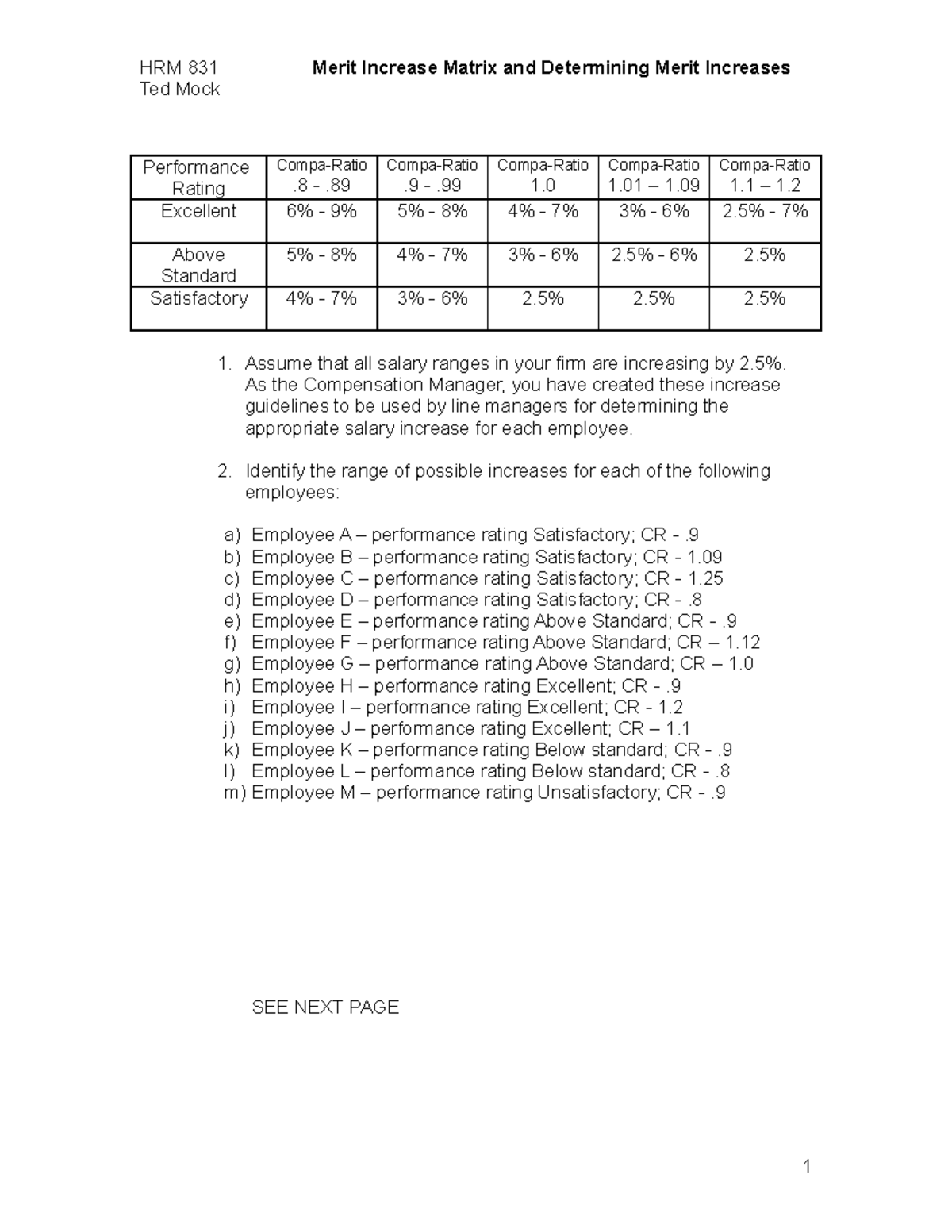Merit Increase Matrix Exercise - HRM 831 Ted Mock Merit Increase Matrix ...