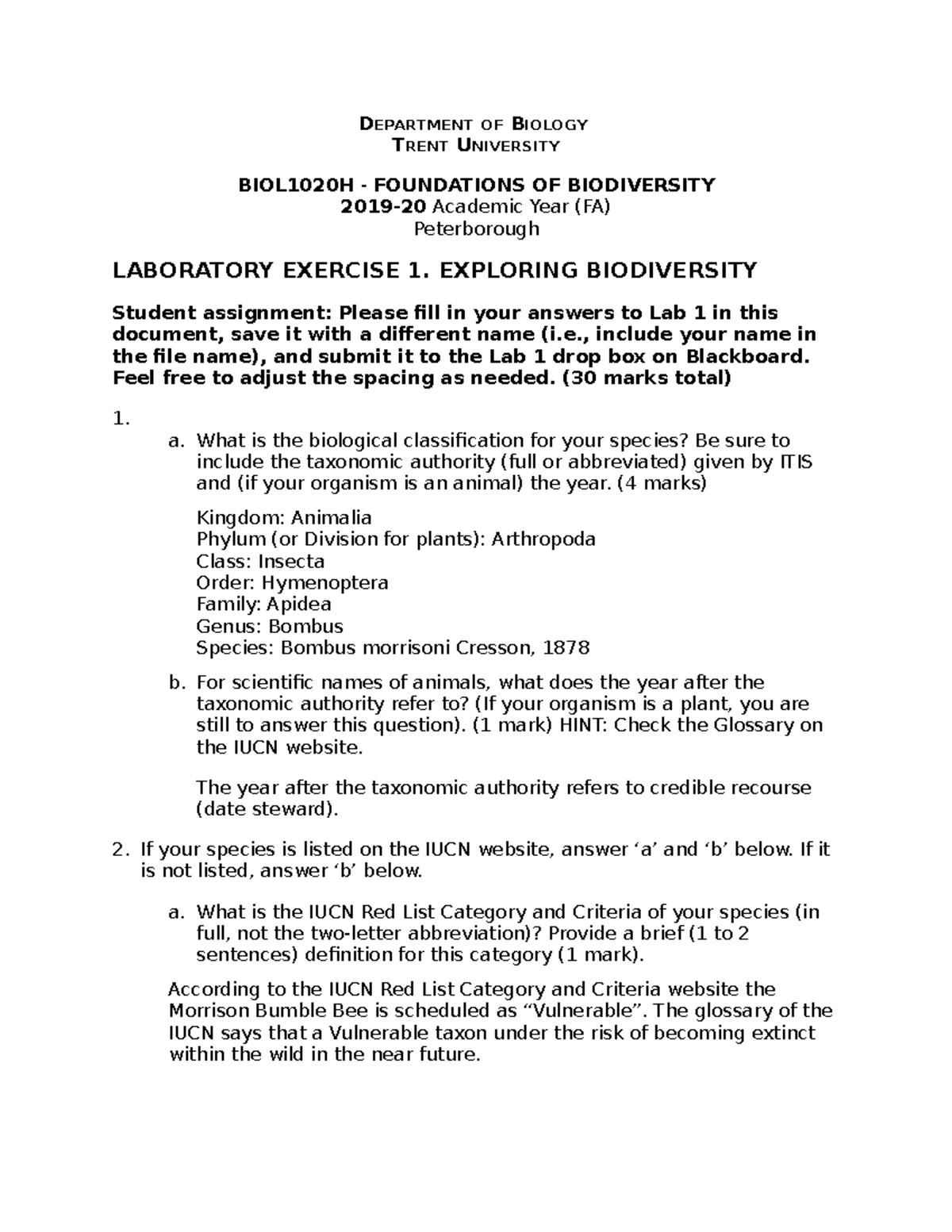 Lab 1 Assignment 2019 - Ethan Bradley - DEPARTMENT OF BIOLOGY TRENT ...
