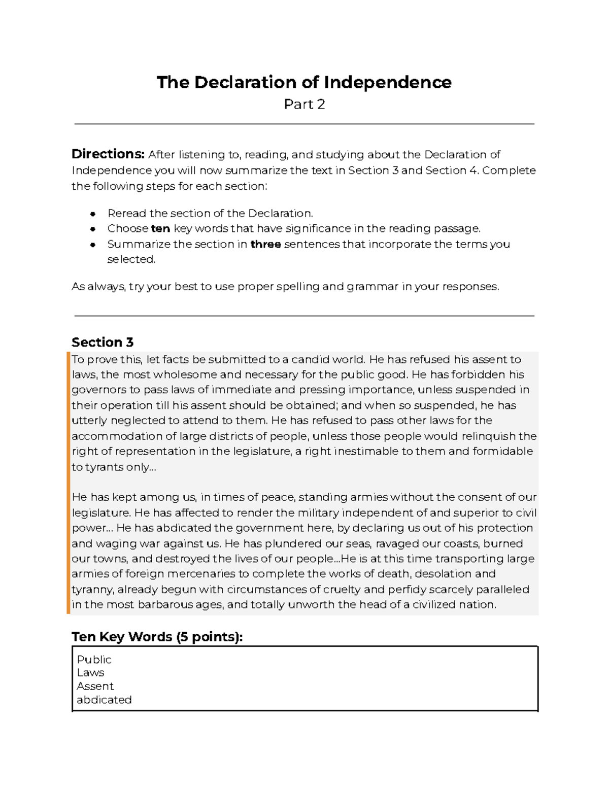 Copy of Declaration of Independence Part 2 - The Declaration of ...