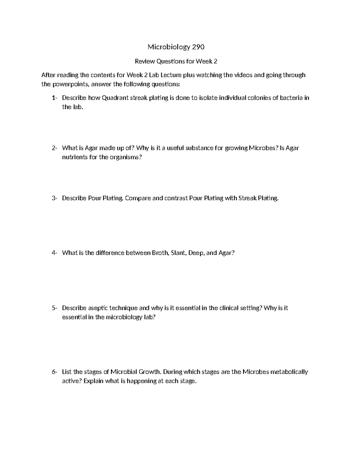 Week 2 Lab review questions - Microbiology 290 Review Questions for ...