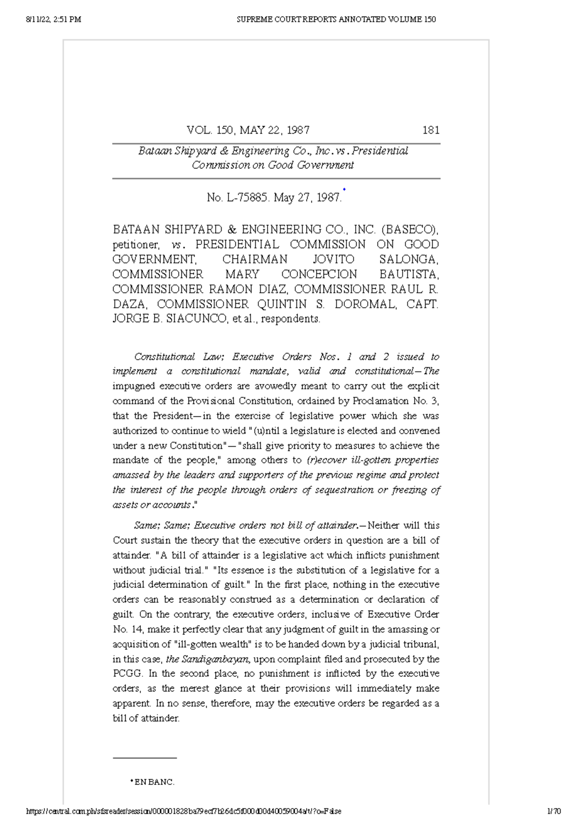 3. Baseco v PCGG - LAW - VOL. 150, MAY 22, 1987 181 Bataan Shipyard ...