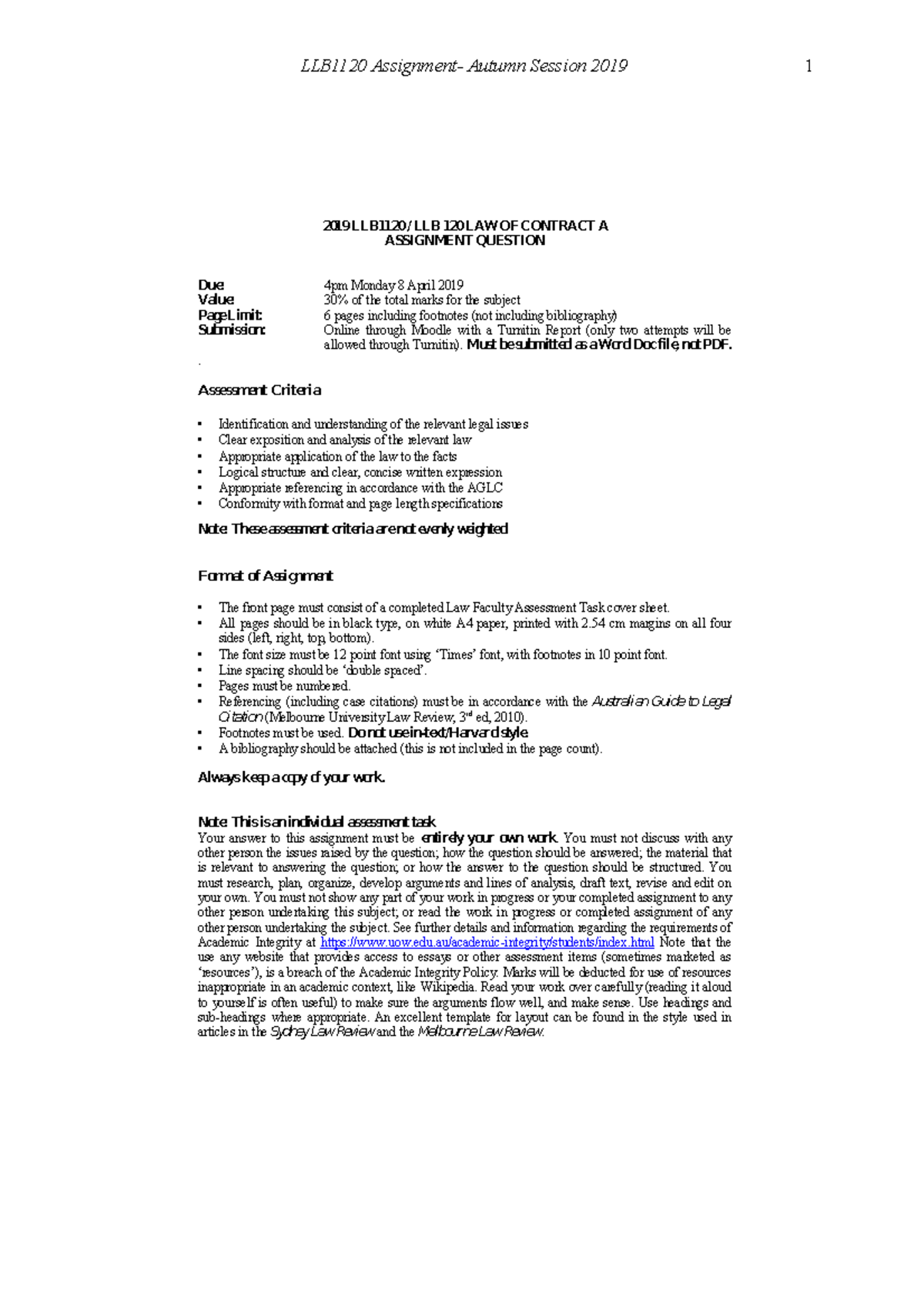 LLB1120 Assignment - Autumn Session 2019 with Q (78%) - LLB1120 ...