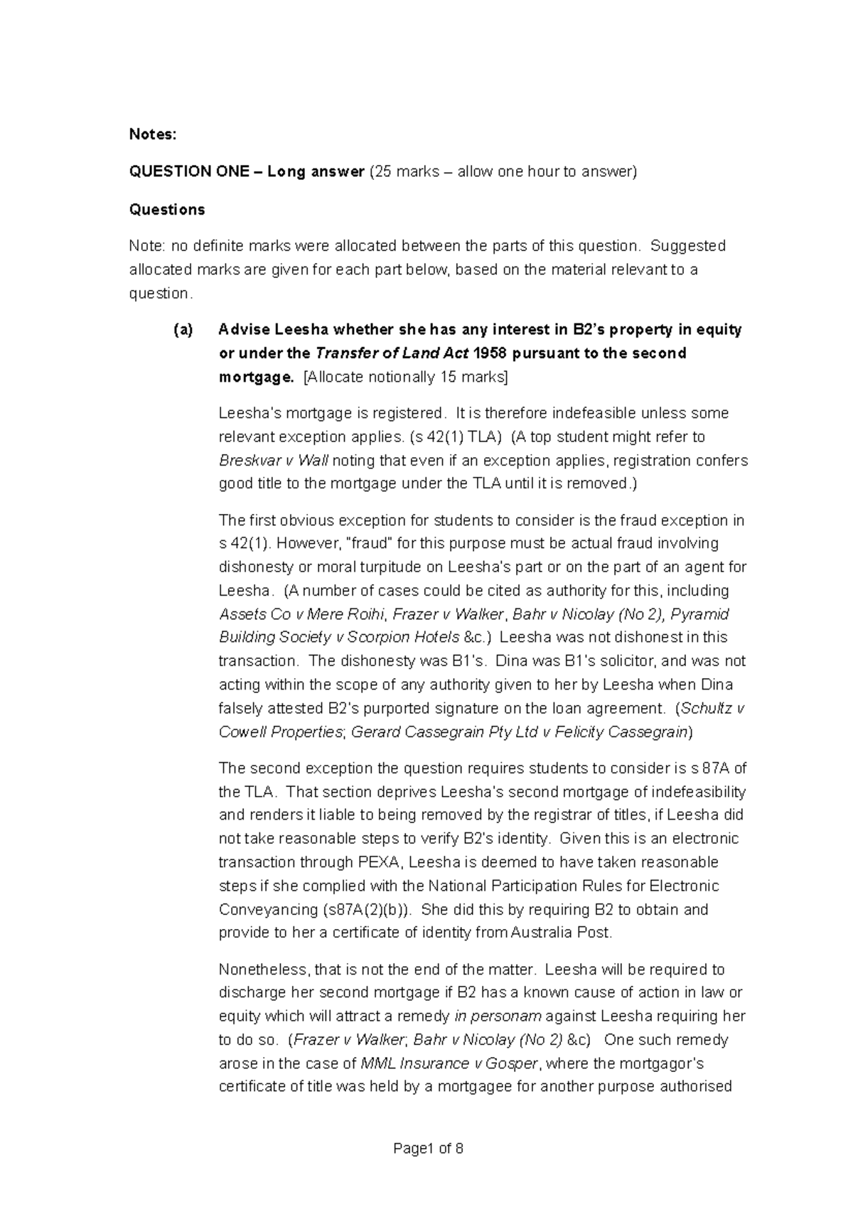 Exam 8 2017, questions and answers - Notes: QUESTION ONE Long answer ...