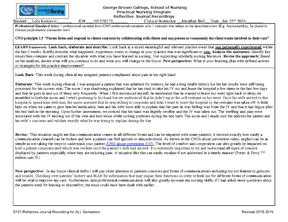 Reflective journal 2 - week 3 - George Brown College, School of Nursing ...