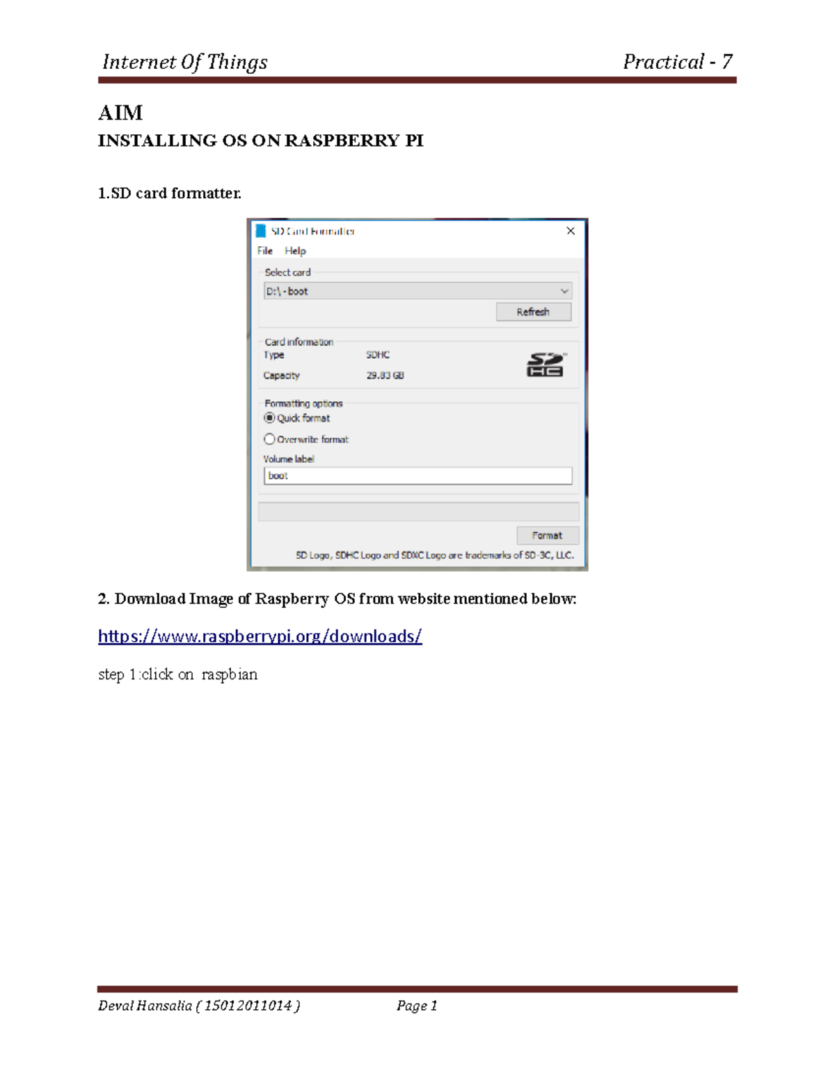 Iot Pr 7 Iot Practical Aim Installing Os On Raspberry Pi 1 Card