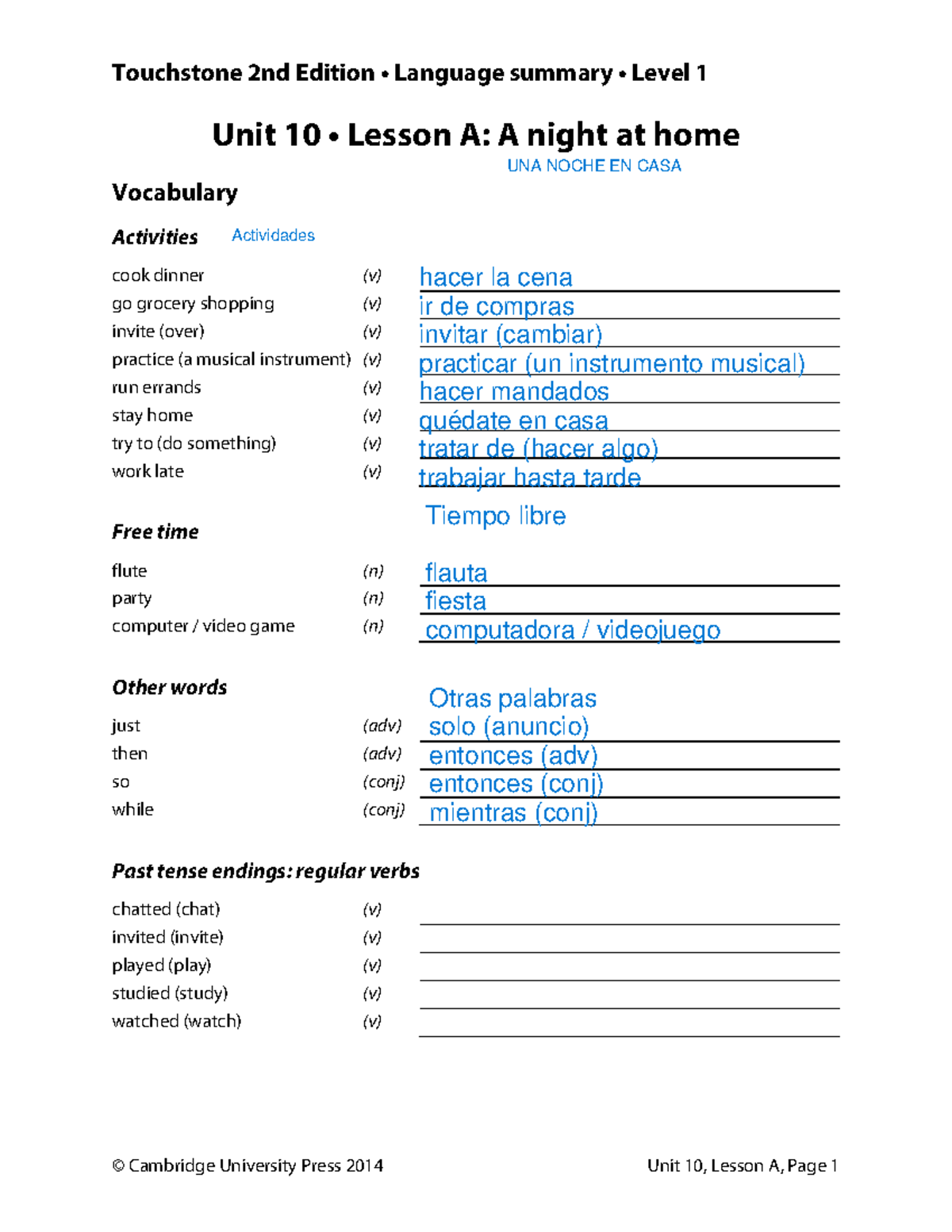 TS2e L1 U10 LA Langsum - UNA NOCHE EN CASA- ACTIVIDADES - Touchstone 2nd Edition • Language ...