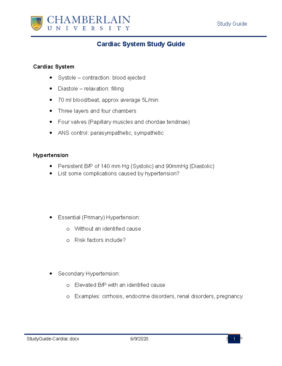 Study Guide-Cardiac - cardiac - Cardiac System Study Guide Cardiac ...