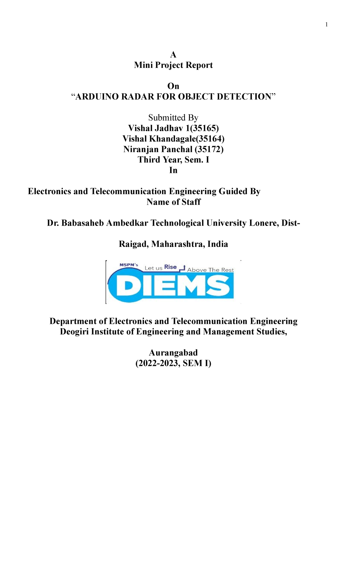 Final mr - 1 A Mini Project Report On “ARDUINO RADAR FOR OBJECT ...