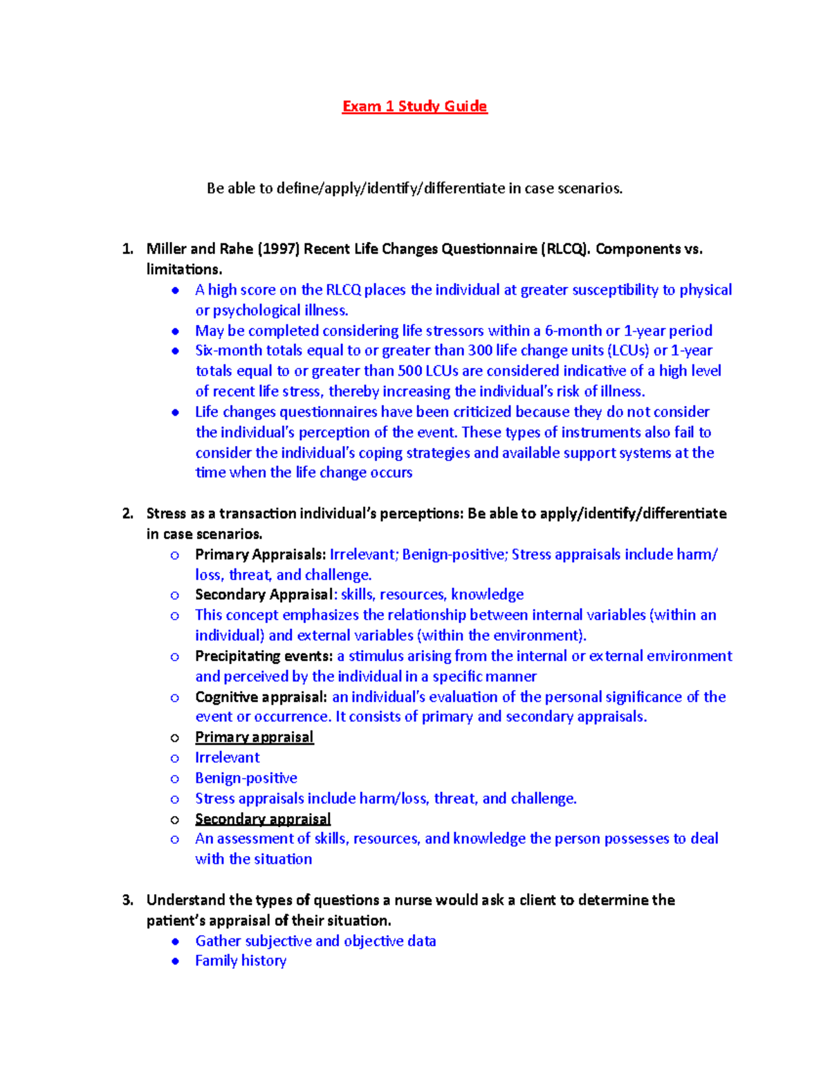 EXAM 1 MH Guide - Review - Exam 1 Study Guide Be able to define/apply ...