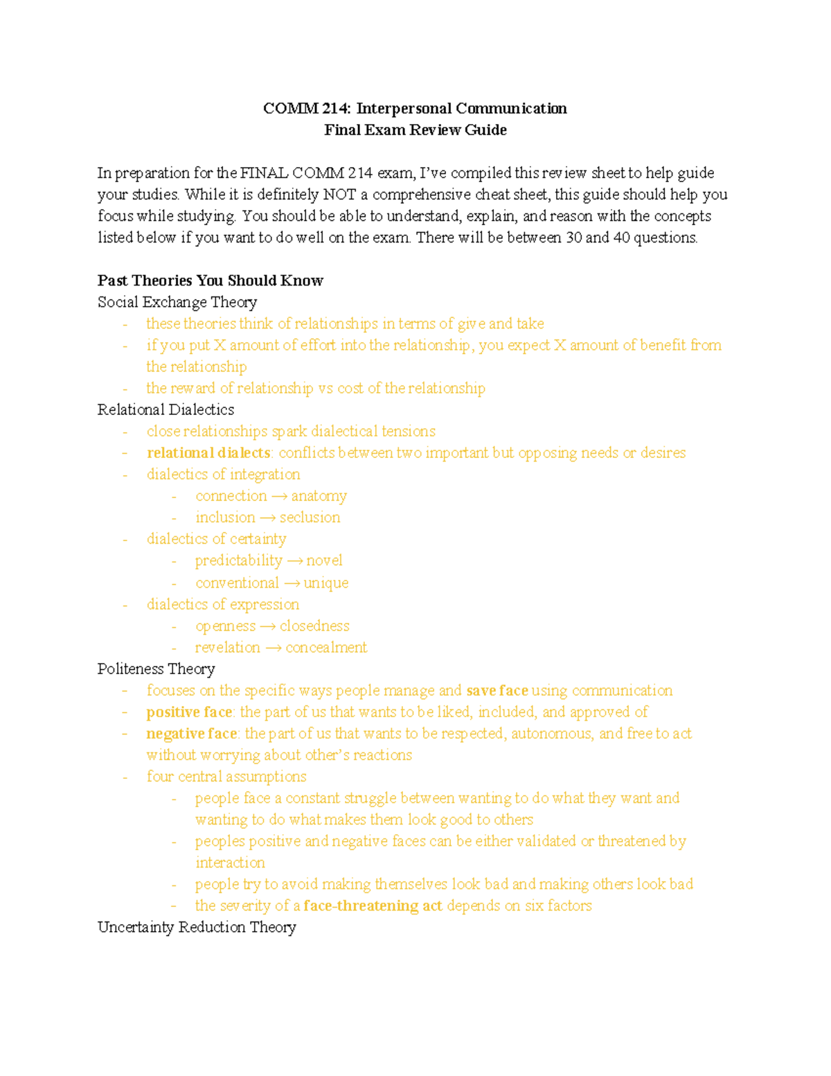 COMM 214 Final Exam Review Guide - COMM 214: Interpersonal Communication Final Exam Review Guide ...