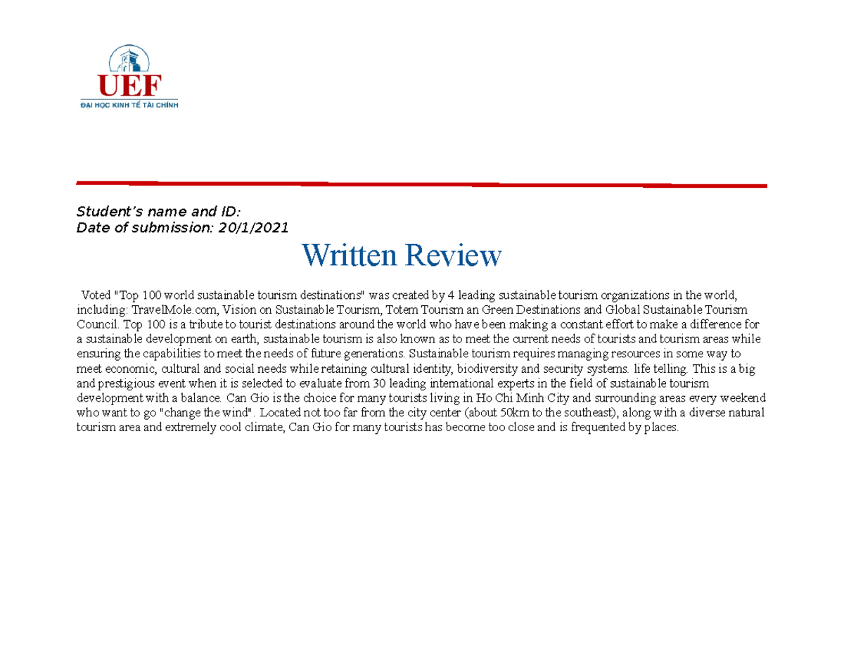 2 Written Review Sample - Student’s name and ID: Date of submission: 20 ...