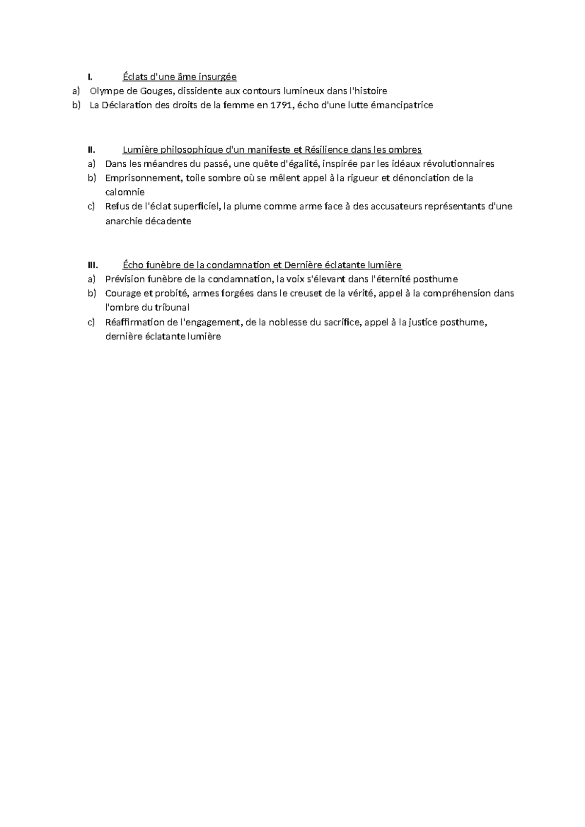 Plan detaille sur un texte de Olympe de Gouges - I. Éclats d'une âme ...