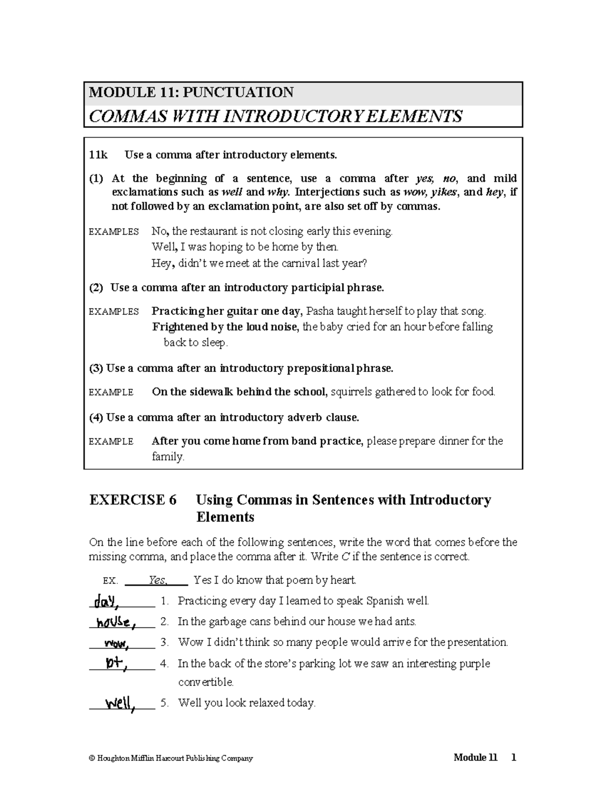Commas+in+Intro+Phrases+Review - © Houghton Mifflin Harcourt Publishing ...