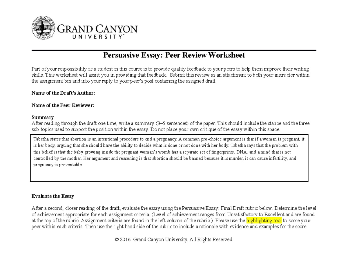 PHI-105 T-6 Persuasive Essay Peer Review Worksheet. (A) - Persuasive ...