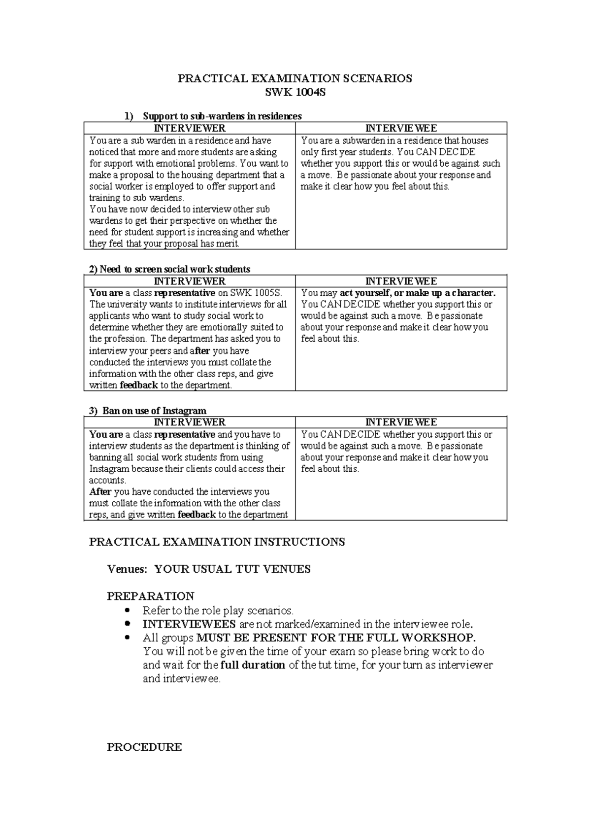 Prac exam scenarios - PRACTICAL EXAMINATION SCENARIOS SWK 1004S 1 ...
