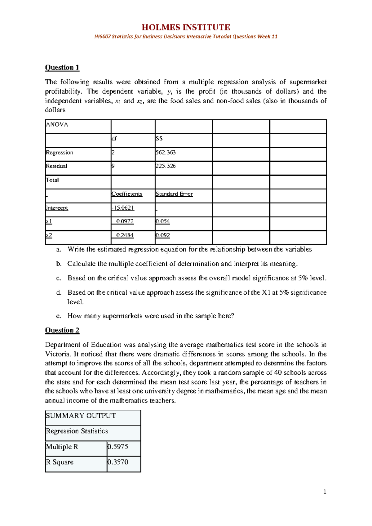 HI6007 Week 11 Interactive Tutorial Questions - HOLMES INSTITUTE HI6007 Statistics for Business ...
