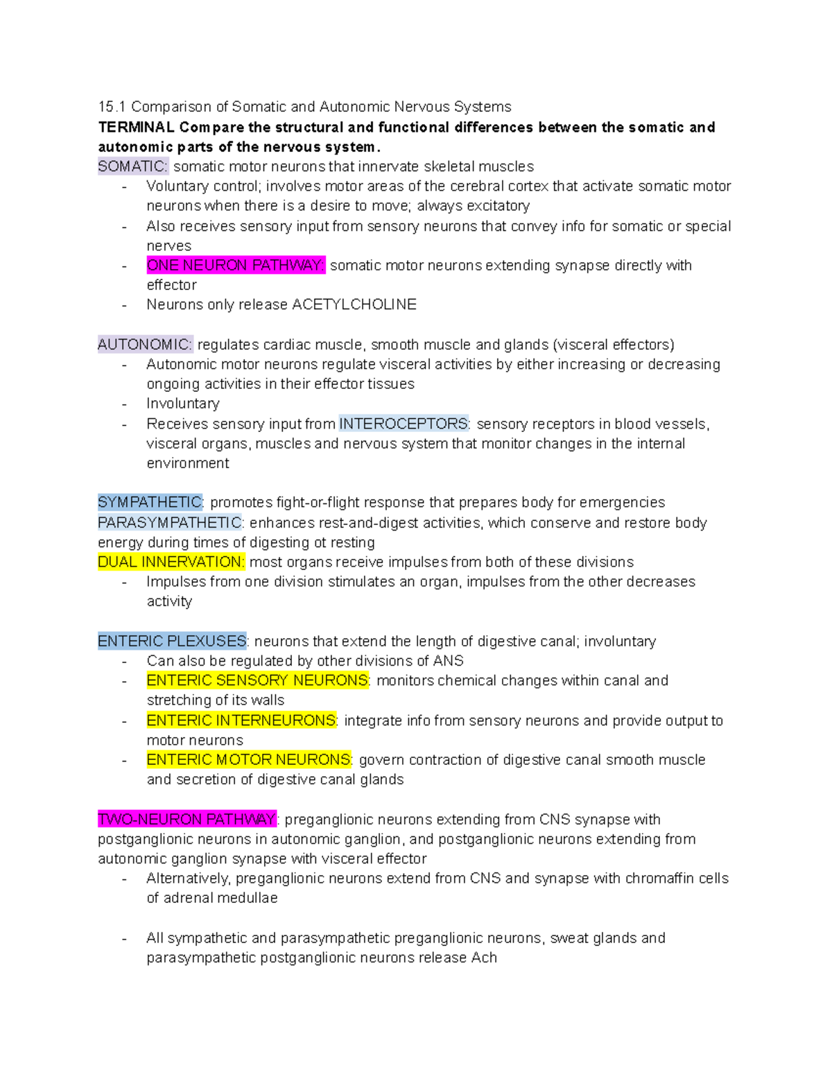 BIOL 1191 - CHAP 15 Autonomic Nervous System - 15 Comparison of Somatic ...