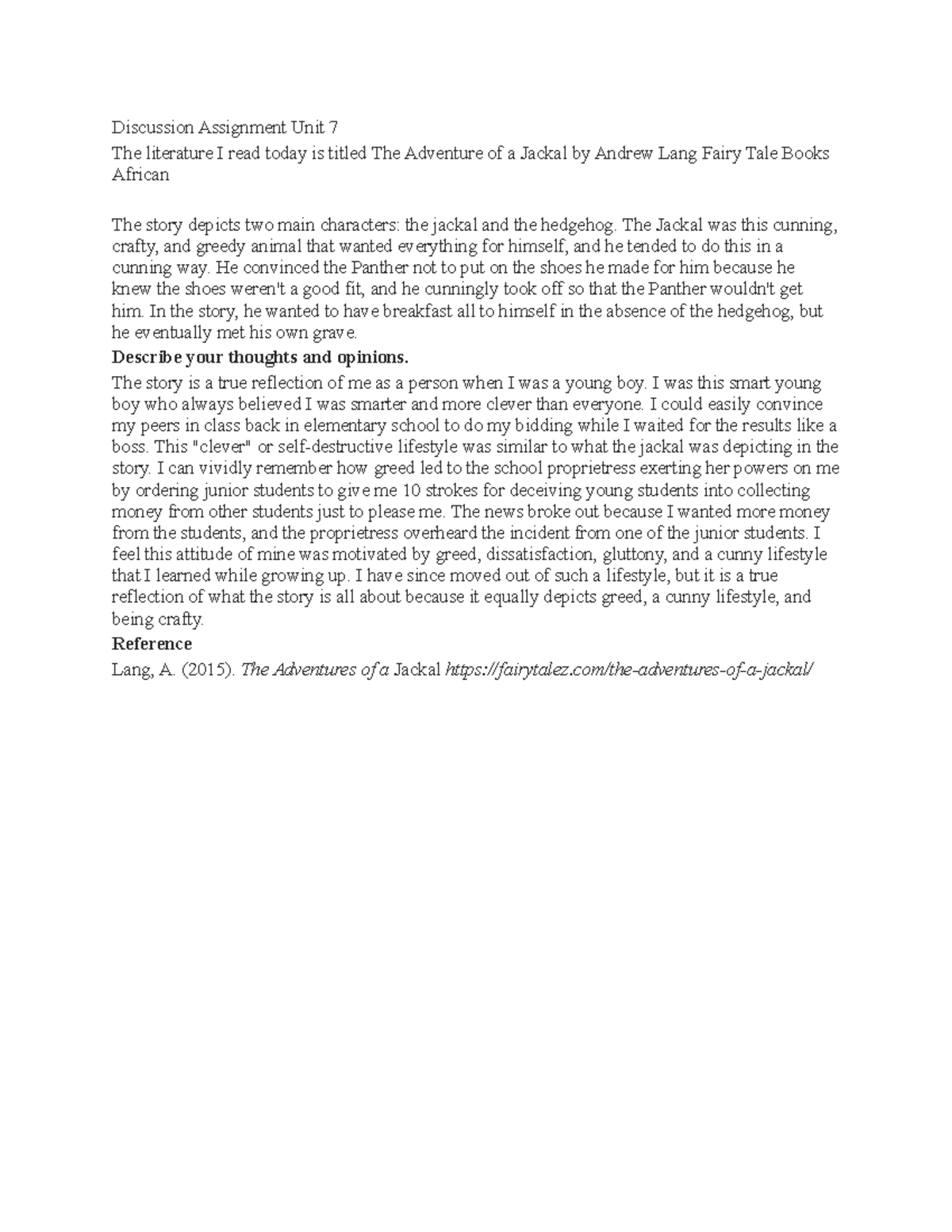 Discussion Assignment unit 7 world lit - Discussion Assignment Unit 7 The literature I read ...