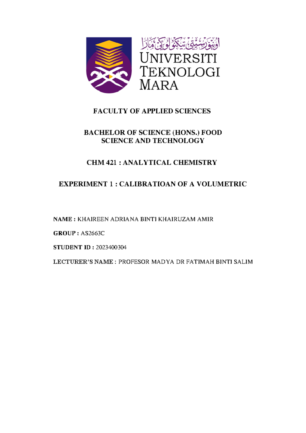 CHM 421 EXP 1 UITM SHAH ALAM - Analytical Chemistry - FACULTY OF ...