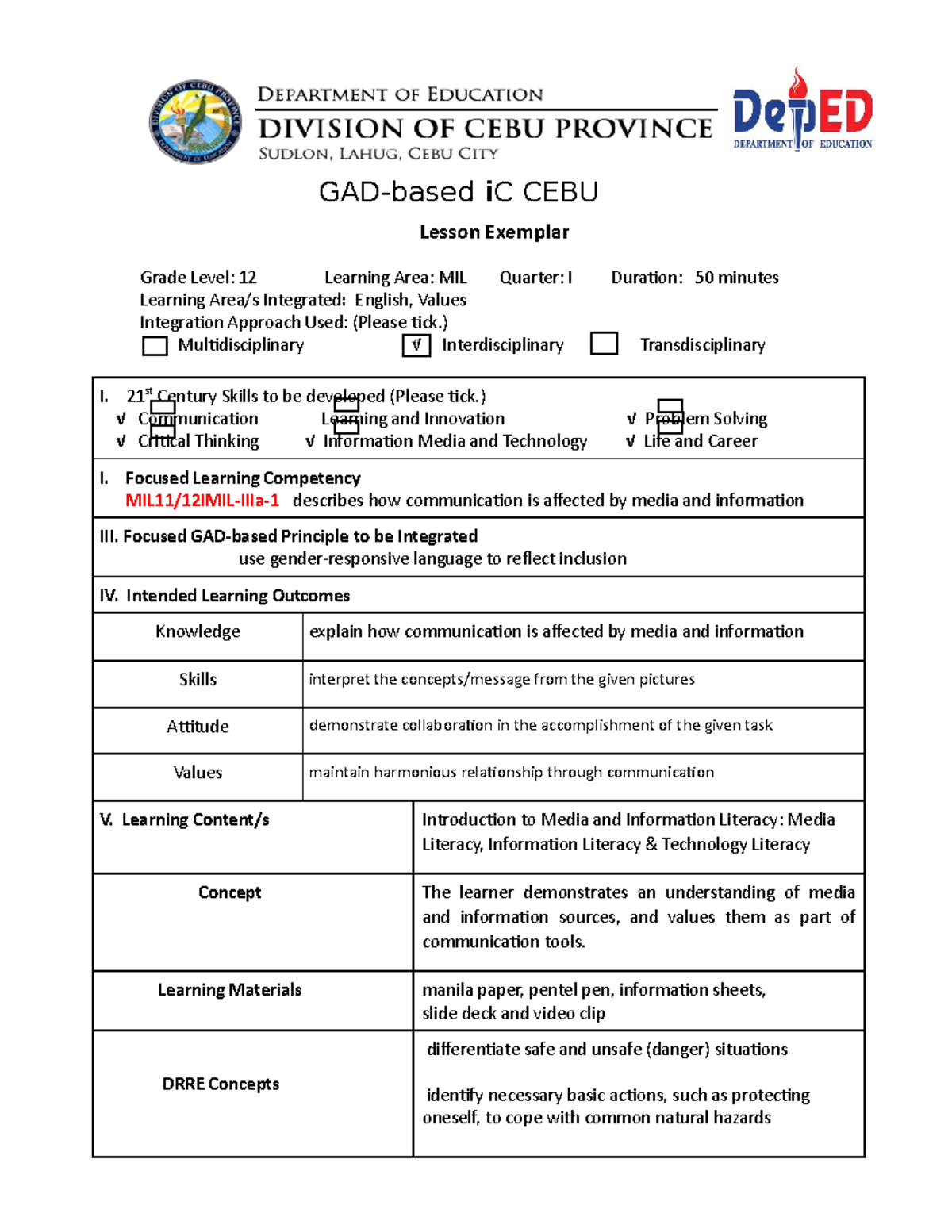 Q1 LC1 - DLP - Lesson Exemplar Grade Level: 12 Learning Area: MIL ...