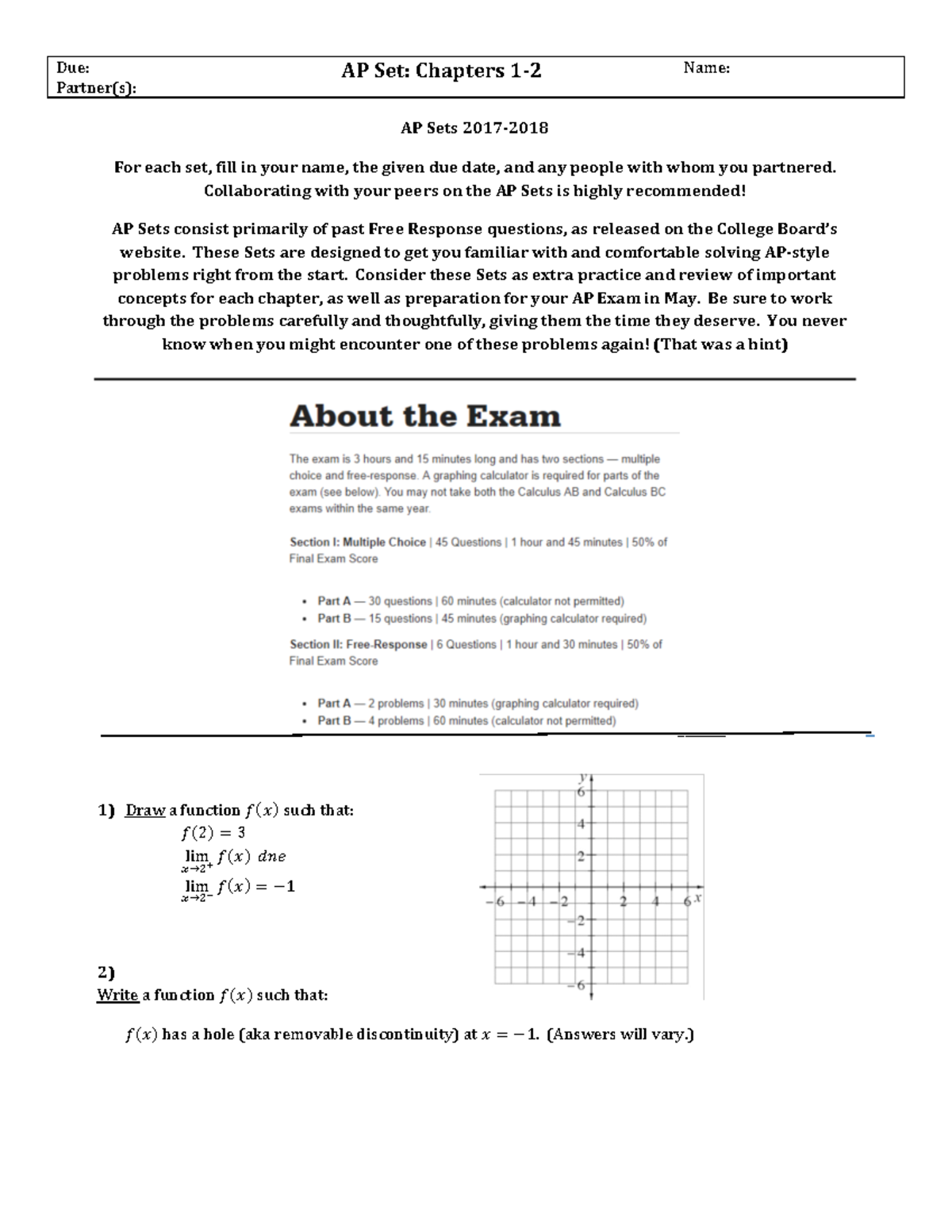 AP Set Chapters 1-2 - Practice - Due: Partner(s): AP Set: Chapters 1-2 ...