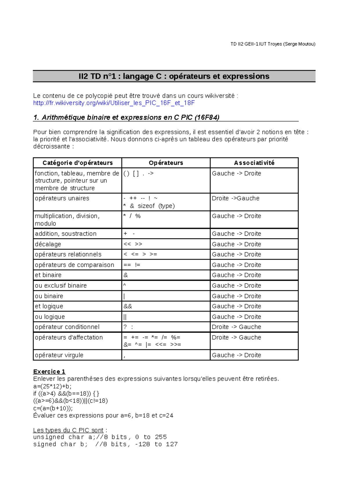 TD langage C operateurs et expressions - ####### II2 TD n°1 : langage C : opérateurs et ...