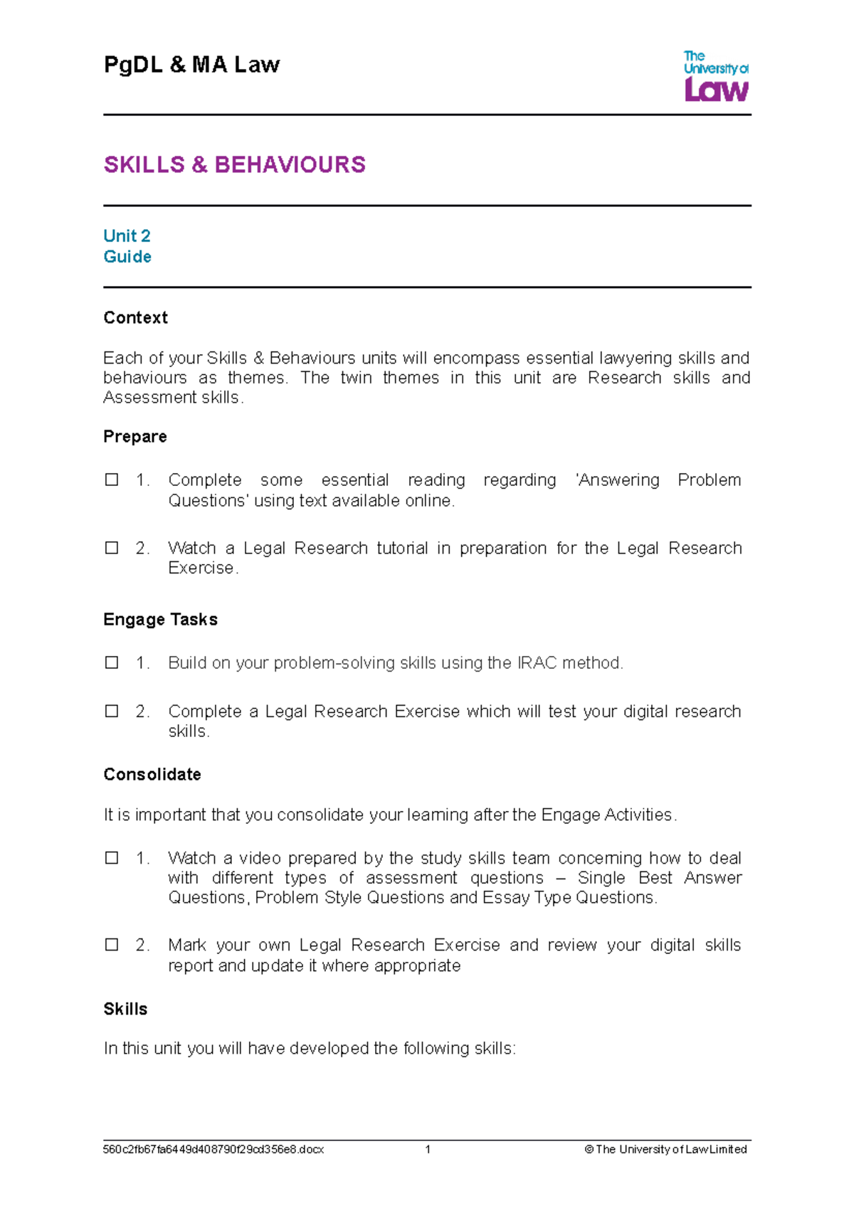 3 Skills And Behaviours Unit 2 Guide PgDL MA Law SKILLS