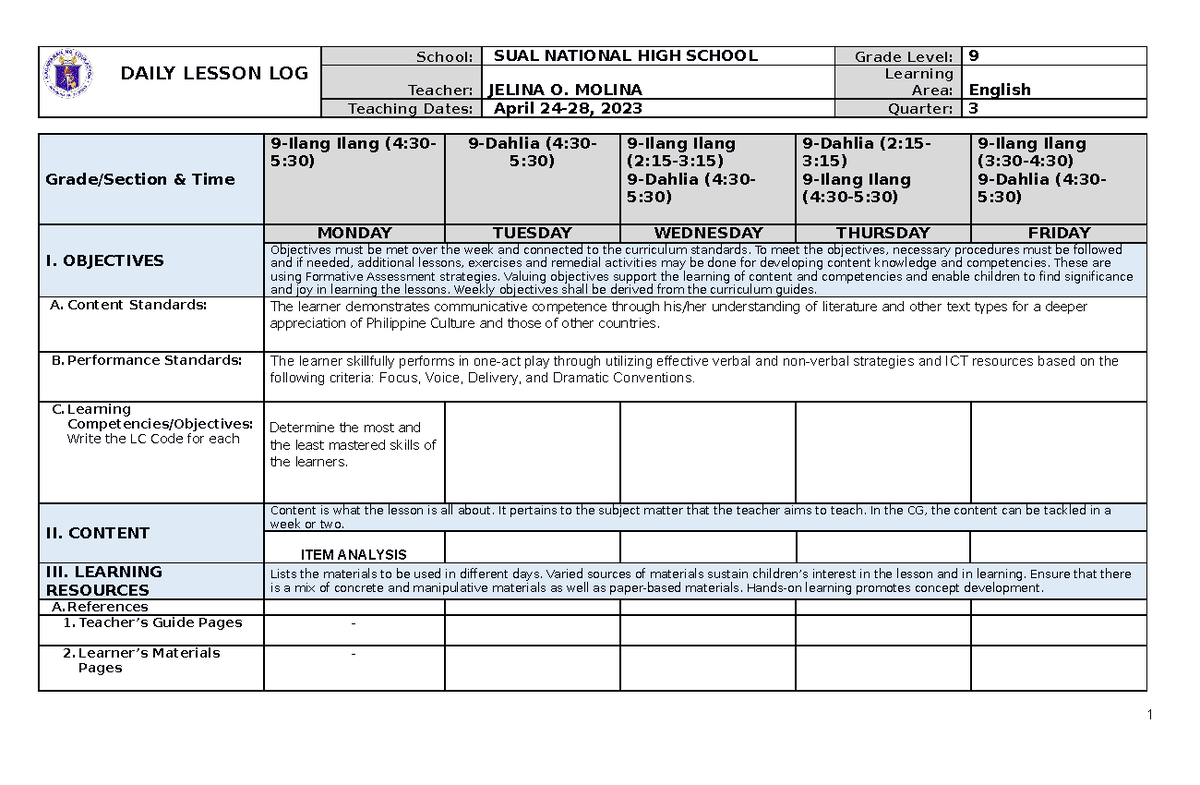 sample lesson plan - DAILY LESSON LOG School: SUAL NATIONAL HIGH SCHOOL ...