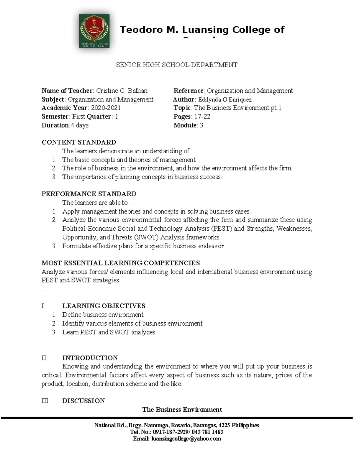 Module 3 - Organization and Management - Rosario SENIOR HIGH SCHOOL ...