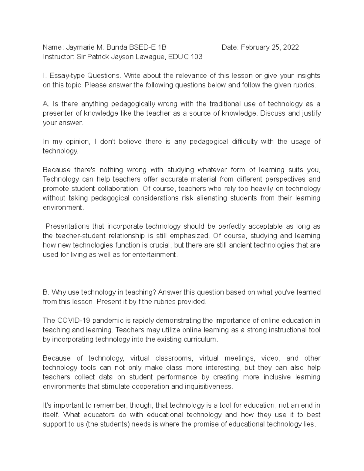 Prelim- Module 1, Lesson 2 - Name: Jaymarie M. Bunda BSED-E 1B Date ...