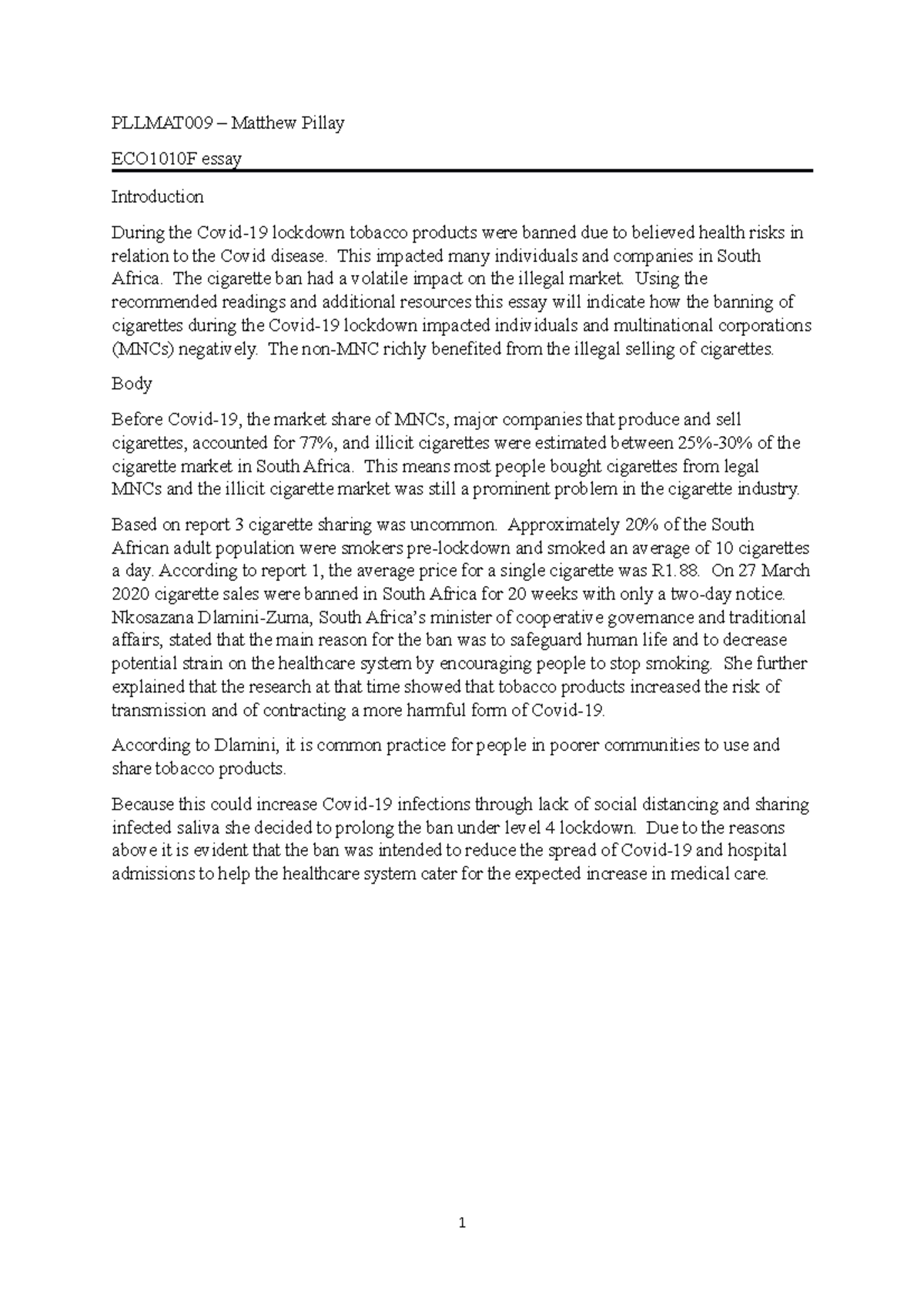 Cigarette market during Covid - PLLMAT009 – Matthew Pillay ECO1010F ...