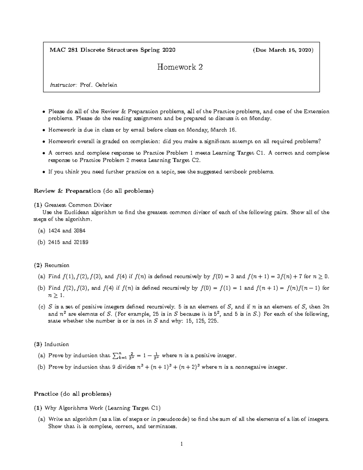 HW2 - HWS - MAC 281 Discrete Structures Spring 2020 (Due March 16, 2020) Homework 2 Instructor ...