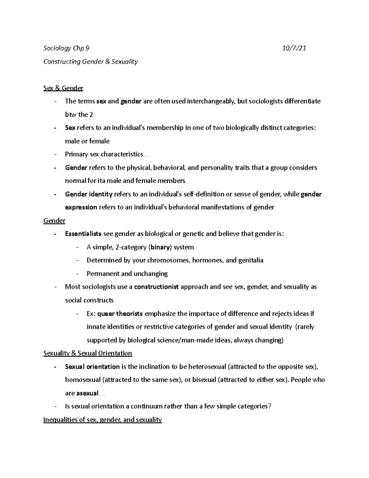 Sociology lecture 9 - detailed notes from class - Sociology Chp 9 10/7 ...