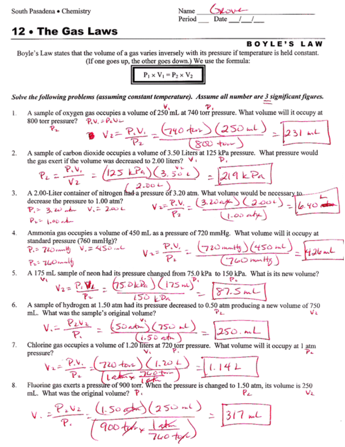 Gas Laws - Worksheet - South Pasadena Chemistry Name your Period 12 The ...