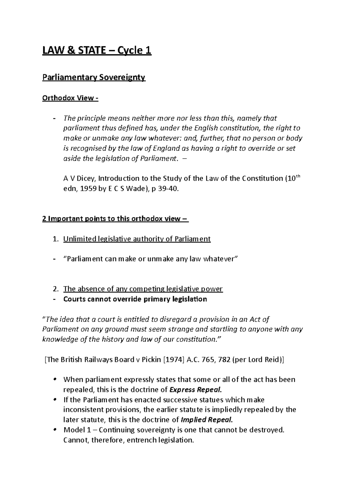 Law and State cycle 1 - Parliamentary Sovereignty - LAW & STATE – Cycle ...