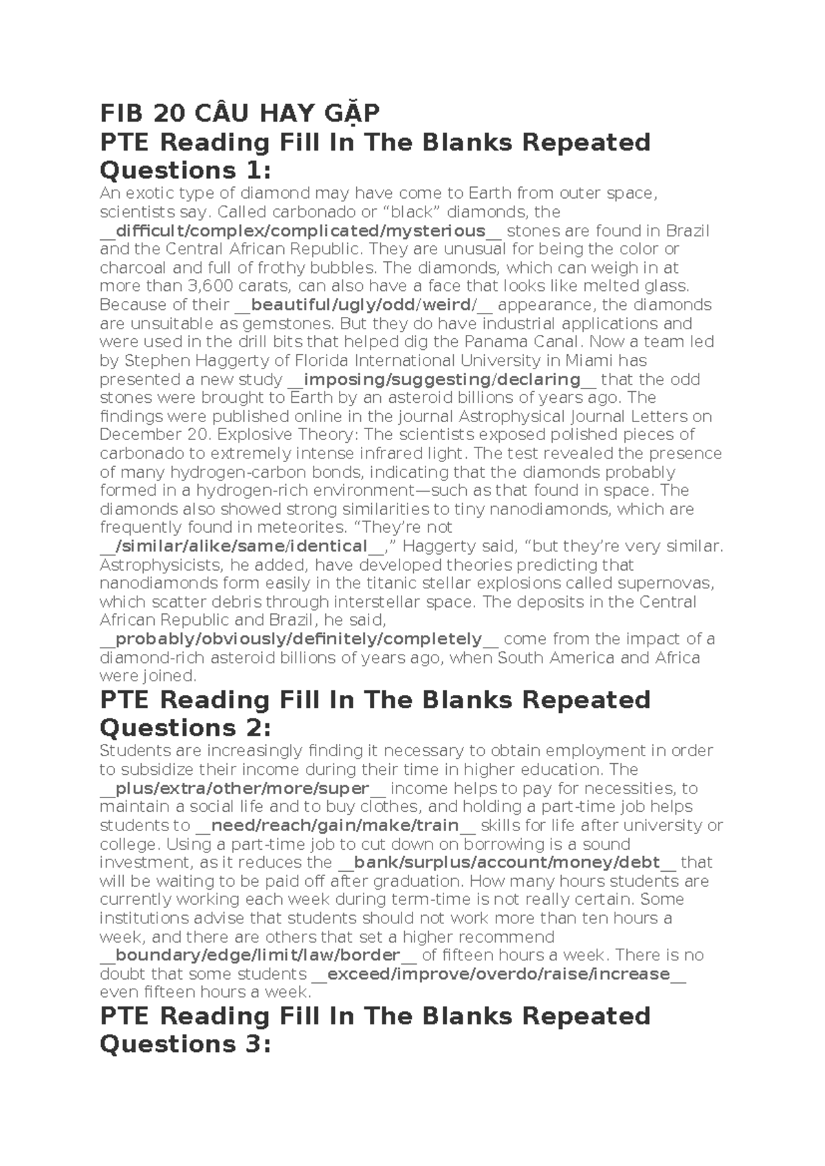 FIB 20 CÂU HAY GẶP - FIB 20 CÂU HAY GẶP PTE Reading Fill In The Blanks ...
